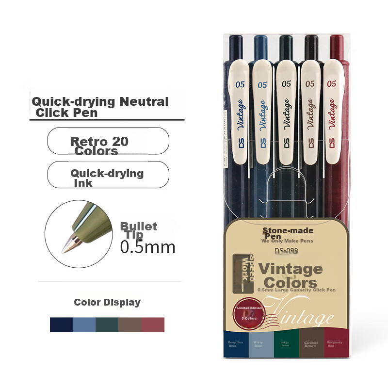 Dianshi Colorful Gel Pen, Vintage Color, 0.5mm Retractable Signature Pen, Bullet Tip, Student Planner Pen, Marker Pen, 099 Classic 5 Colors