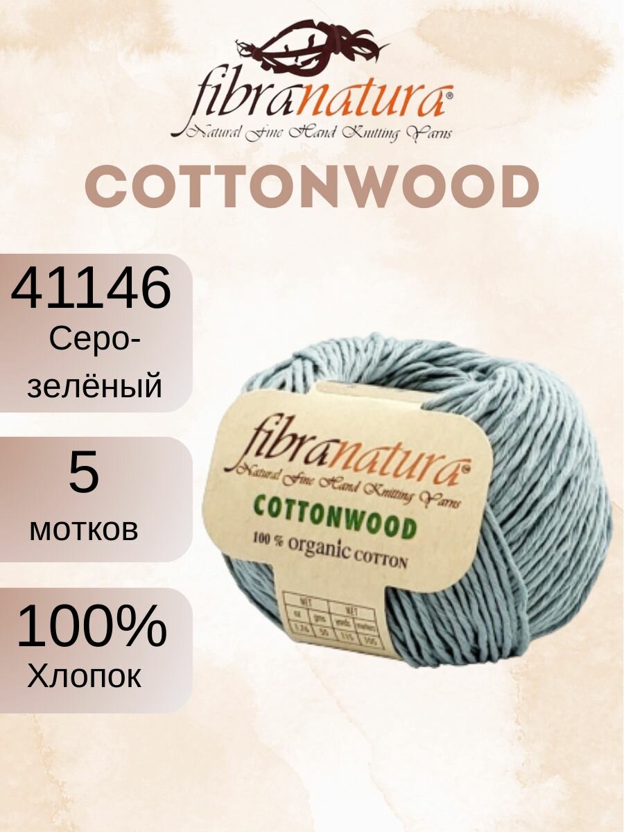 Пряжа Fibra Natura Cottonwood 41146 серо-зелёный (50г/105м, упаковка 5 мотков)