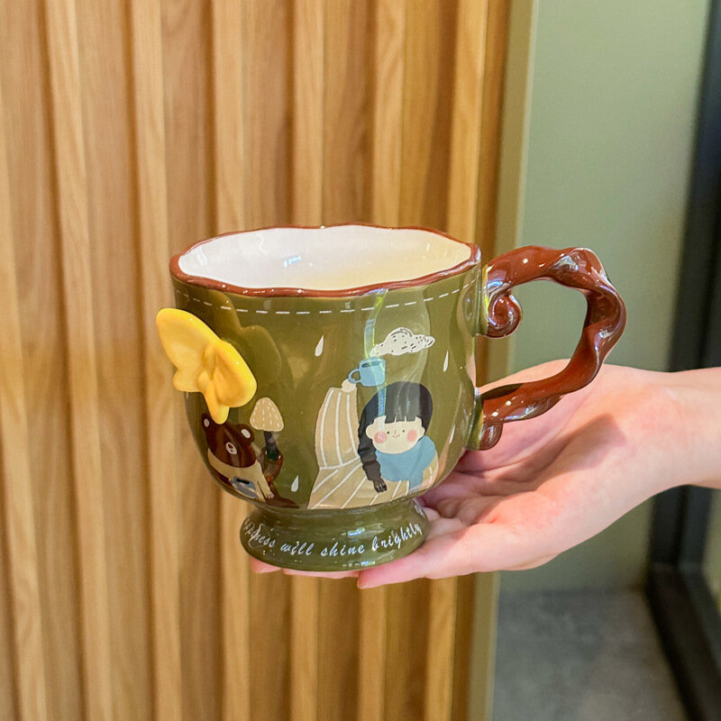 Ретро кружка с девочкой и бабочками, милая керамическая кружка на высокой ножке, офисная кружка для кофе и молока