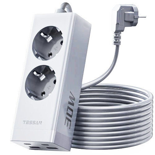 Сетевой фильтр TESSAN TS-PS01DE00 4 евро розетки 2.5 кВт зарядка 25Вт 2 порта USB-А 3А и 1 USB-С 3А - серый