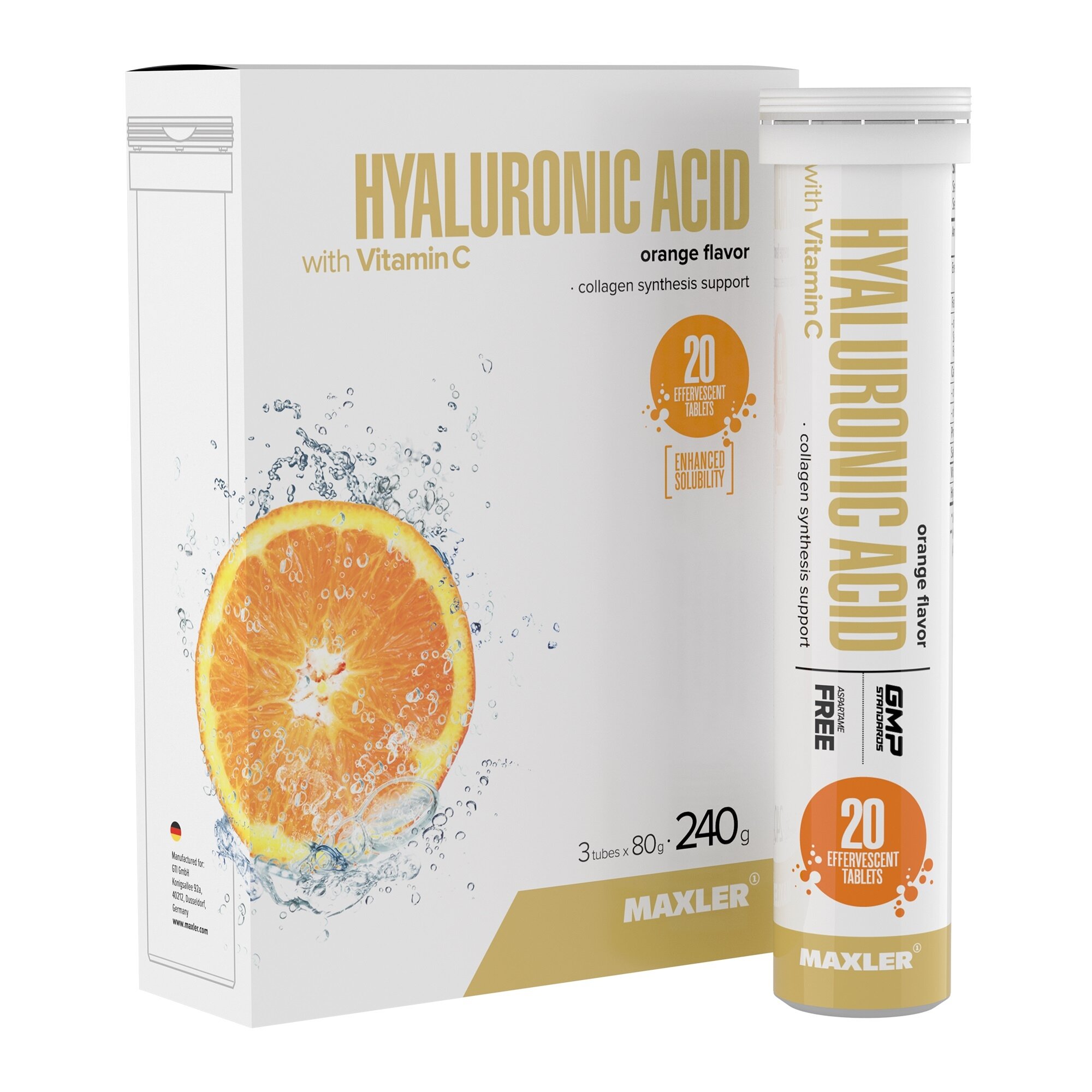 Гиалуроновая кислота + витамин Ц Hyaluronic Acid with Vitamin C 3 тубы по 20 шип. табл (Maxler) Апельсин