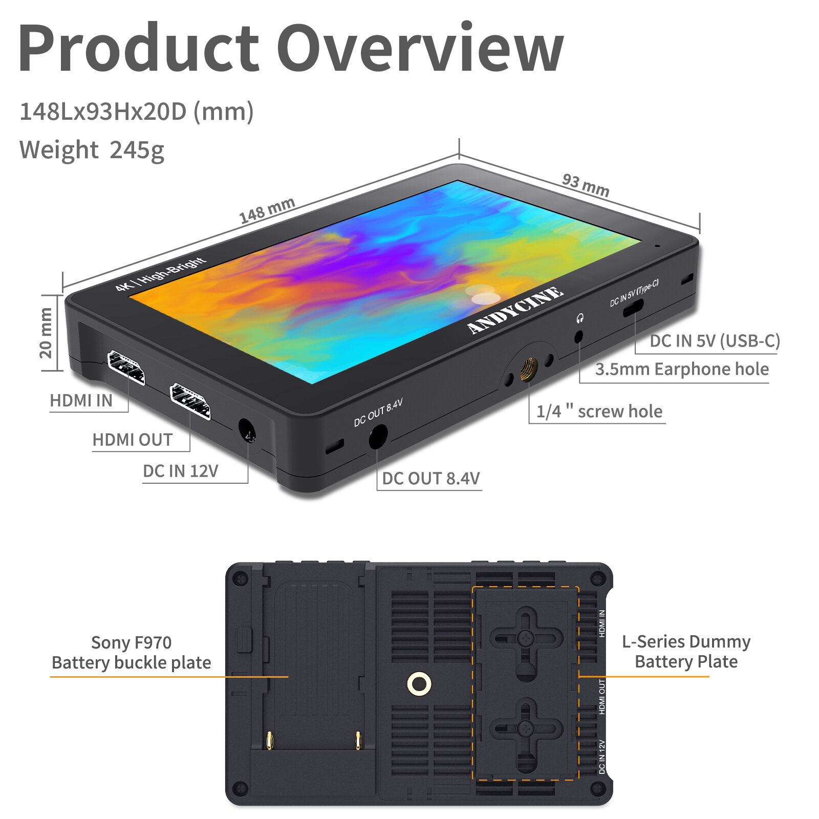 ANDYCINE A6 II 5,5-дюймовый монитор для цифровой зеркальной камеры с сенсорным управлением, видеомонитор 3D Luts, яркость 1600 нит, вход/выход HDMI 4K, замена выходного напряжения постоянного тока 8,4 В для цифровой зеркальной камеры Sony Canon Nikon