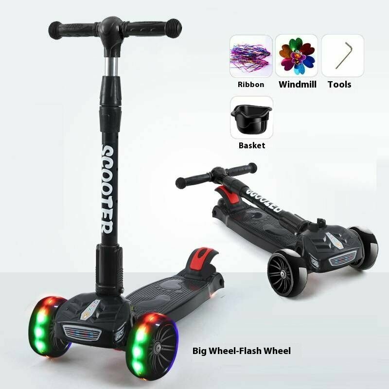 Детский самокат, мигающий трехколесный самокат, от 2 до 10 лет, Колеса расширились