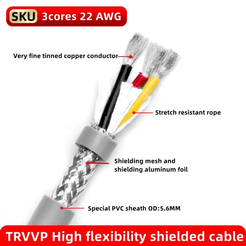 Экранированный медный кабель NIQEZNIL 22AWG/0.3мм² 2/3/4/5 core 5м 3 core 5 meter