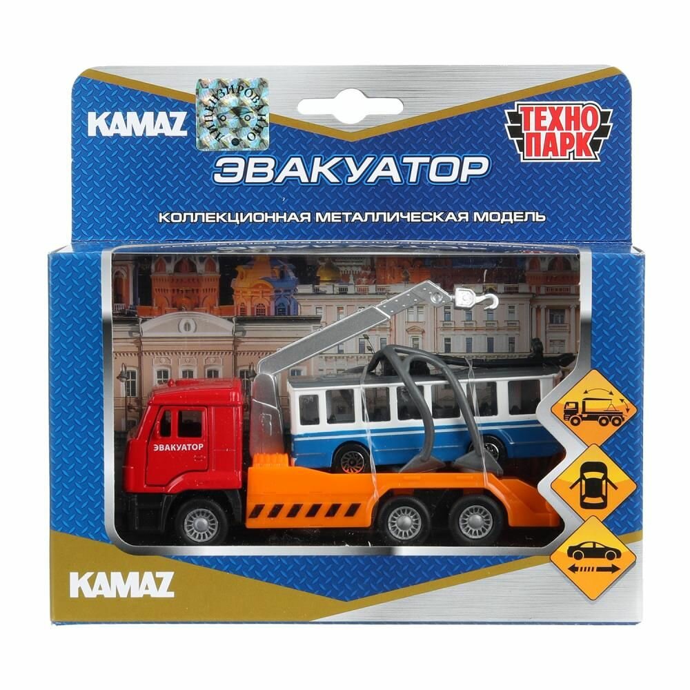 Машина металлическая KAMAZ Эвакуатор Технопарк (12 см, двери открываются, подвижные детали, инерция+троллейбус 7,5 см)