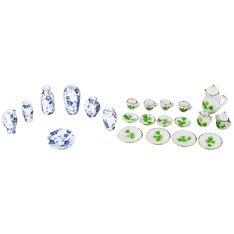 1/12 Кукольные миниатюры Керамика Фарфоровая ваза Синяя лоза -7 предметов с миниатюрной столовой посудой Фарфоровый чайный сервиз