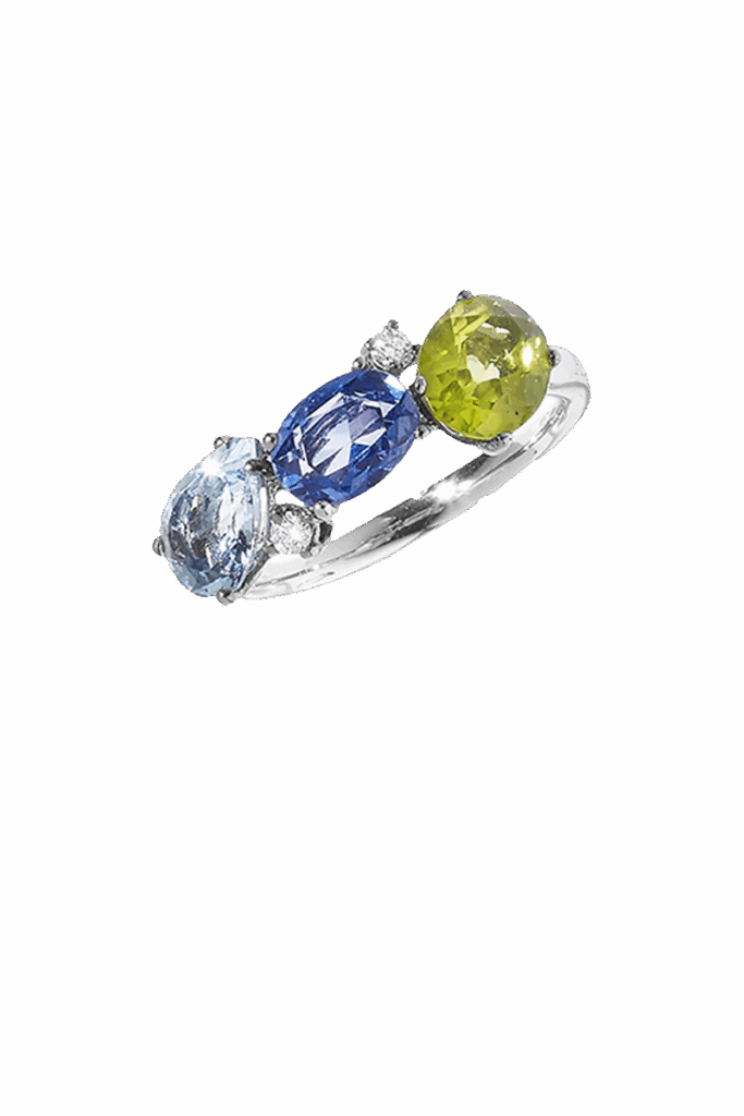 Кольцо, белое золото, 750 проба, родирование, авантюрин, перидот, бриллиант, сапфир