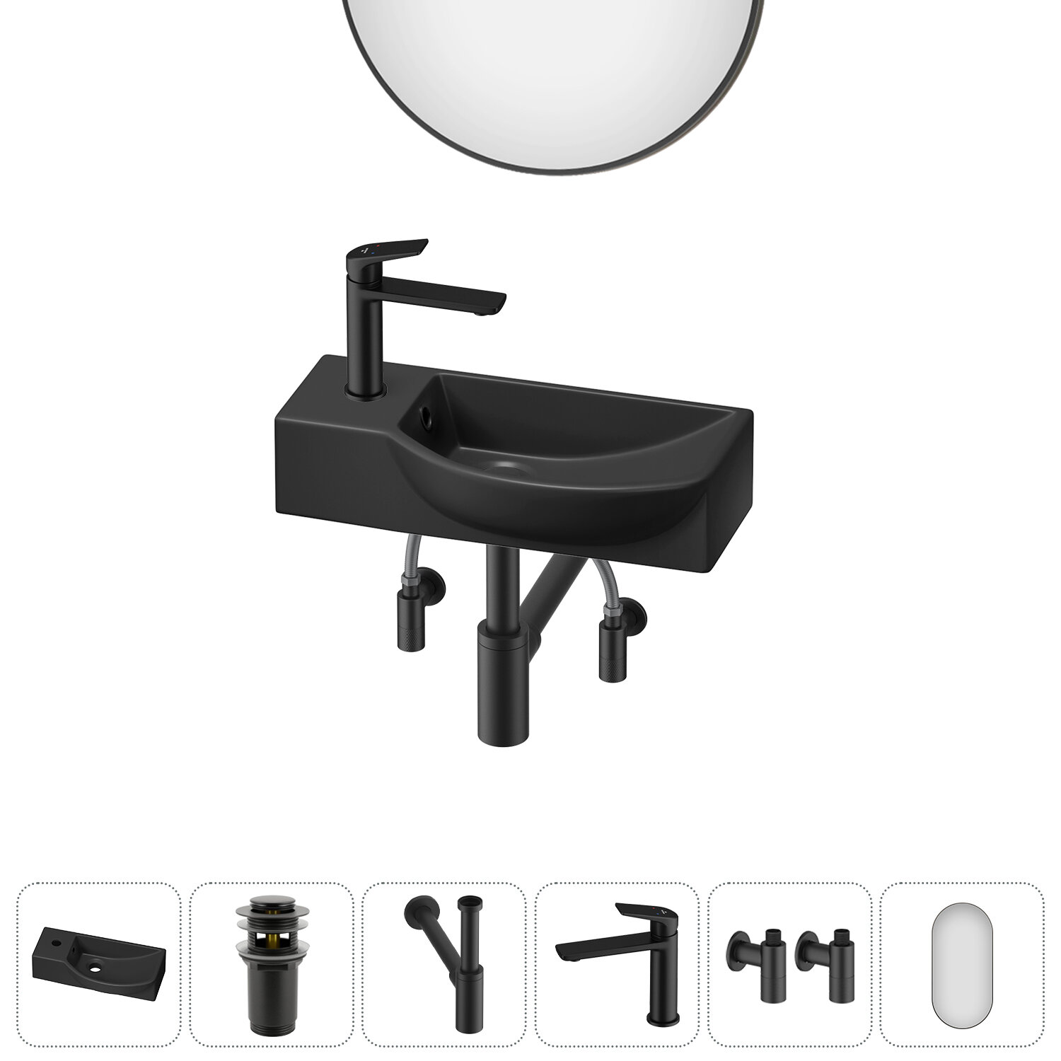 Подвесная или накладная раковина в ванную комнату Lavinia Boho Bathroom Sink 20219634R в наборе 6 в 1: раковина 45 см в цвете матовый черный, донный клапан, сифон, смеситель, вентили, зеркало