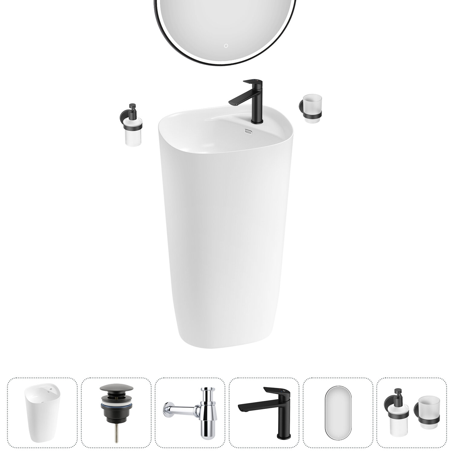 Прямоугольная напольная раковина для ванной Lavinia Boho Bathroom Sink 20219406R в наборе 6 в 1: отдельностоящая раковина моноблок в цвете белый глянец, донный клапан, сифон, смеситель, зеркало, аксессуары