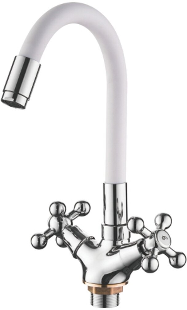 Смеситель Ledeme L1319-3, гибкий излив 137 мм, корпус цинк, двухручковый, белый/хром