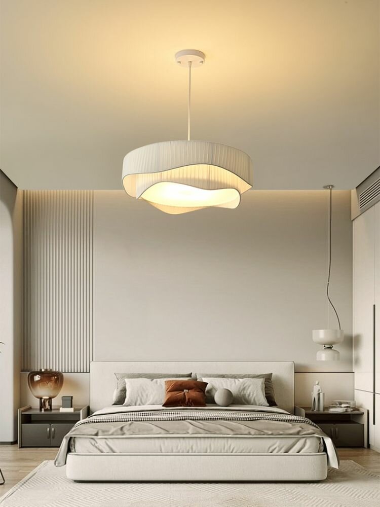 Круглая Тканевая Люстра В Скандинавском Минималистичном Ретро-стиле. Светодиодные Декоративные Светильники Для Внутреннего Освещения, Подходящие Для Спальни, Гостиной, Столовой И Кухни.