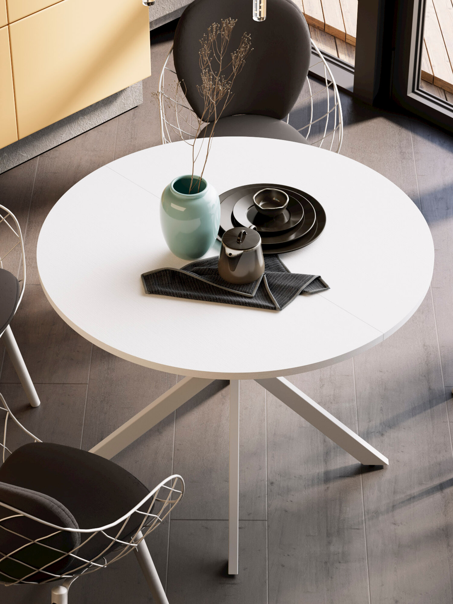 Стол кухонный раздвижной Мэдисон 100х100 см. Круглый, Круглый, Белый муар/Белый