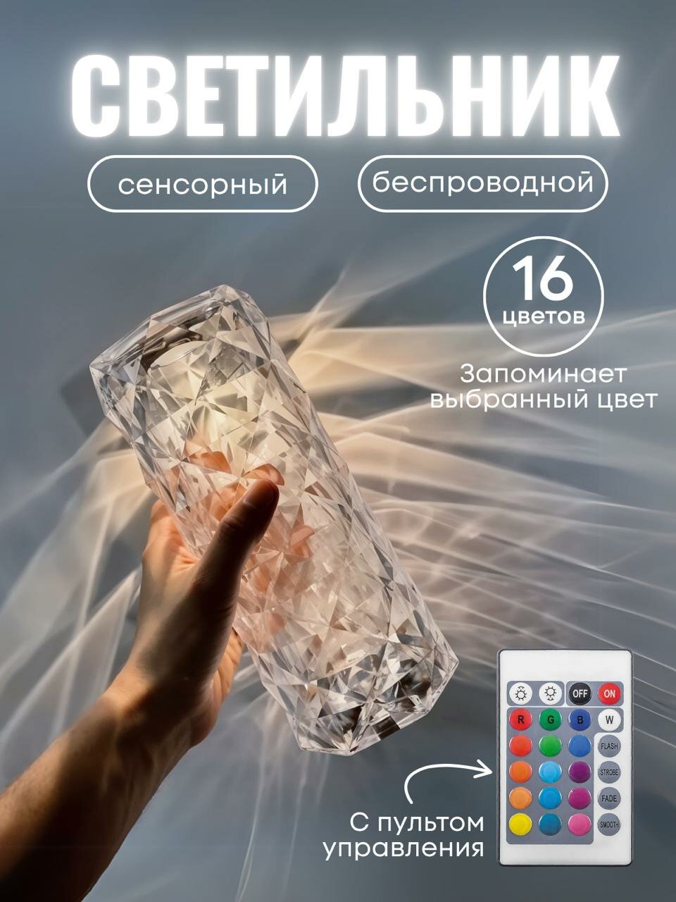 Светильник декоративный Кристалл / Ночник для спальни с проекцией Роза / Настольная лампа с многоцветной подсветкой USB Charging Touch Lamp