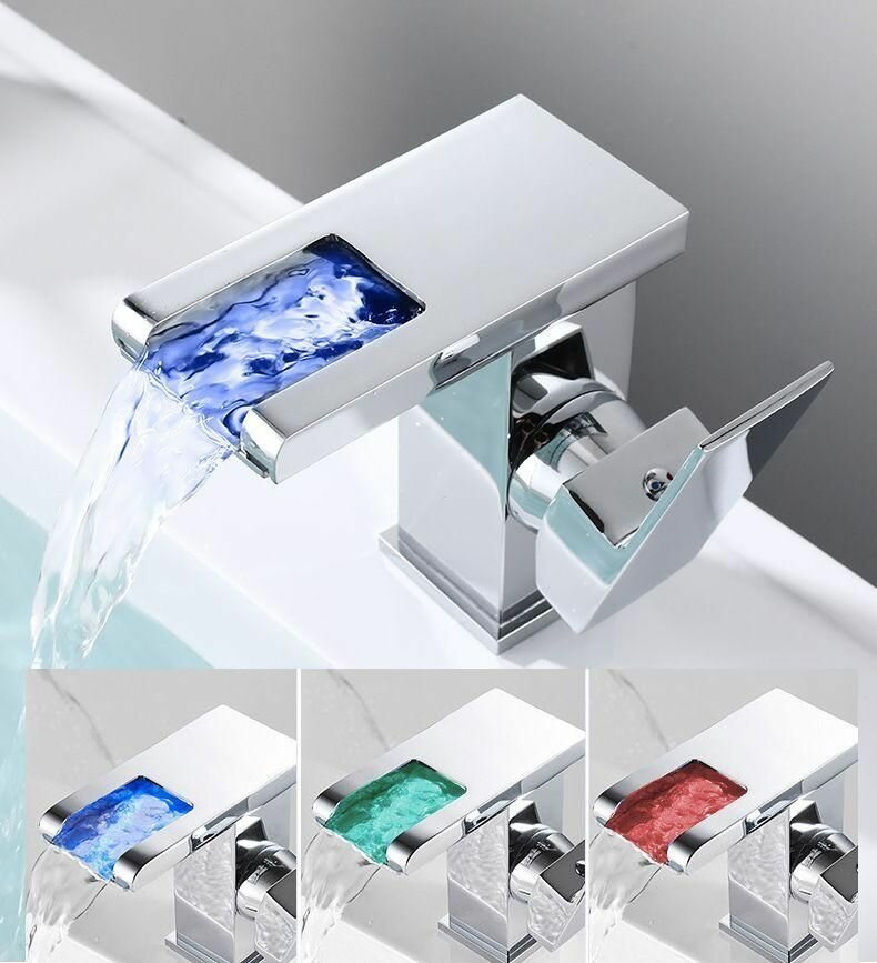 Смеситель для раковины в ванной со светодиодной подсветкой, 3 цвета, меняющие цвет излива водопада, смеситель для холодной и горячей воды Черный / серебристый / белый