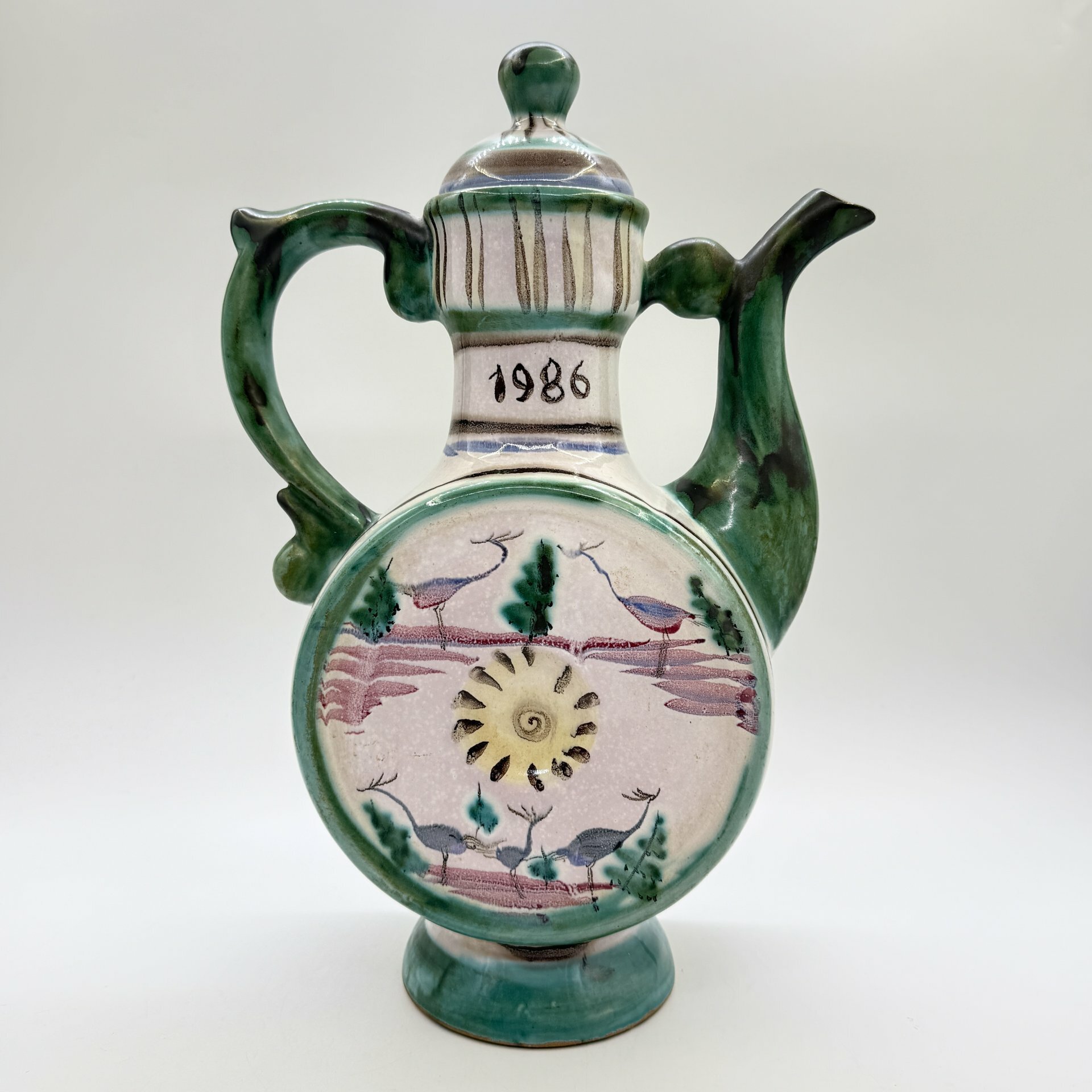 Кумган, украшенный пейзажем, Гжель, керамика, роспись, СССР, 1986 г.