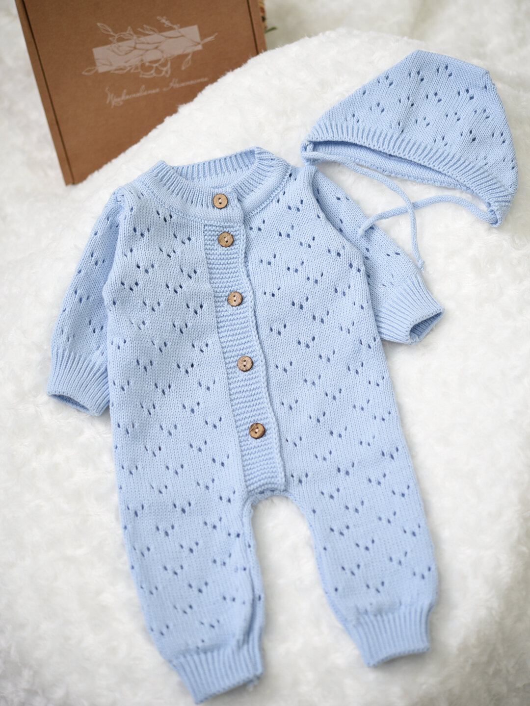 Комплект на выписку голубой вязаный Совенок Дона