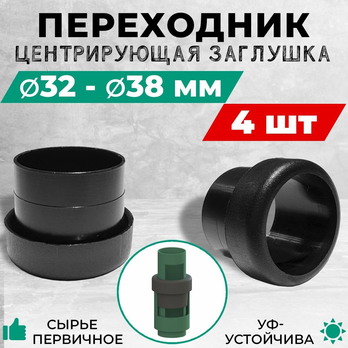 Переходник для круглой трубы - Центрирующая заглушка D32 - D38. Количество: 4 шт.