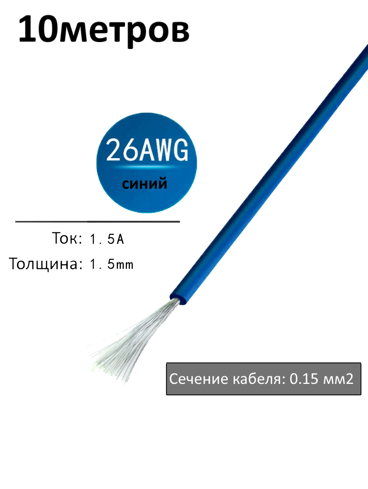 Провод электрический 26AWG, 0.15 кв. мм синий многожильный 10м.