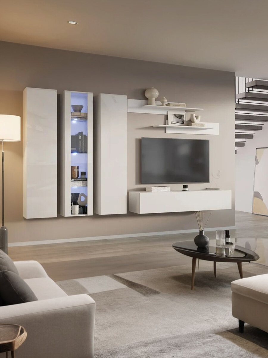 Стенка для гостиной POINT-К12W, модульная гостиная, тв тумба подвесная, Белый глянец, 360х170х40 см. (ШхВхГ)