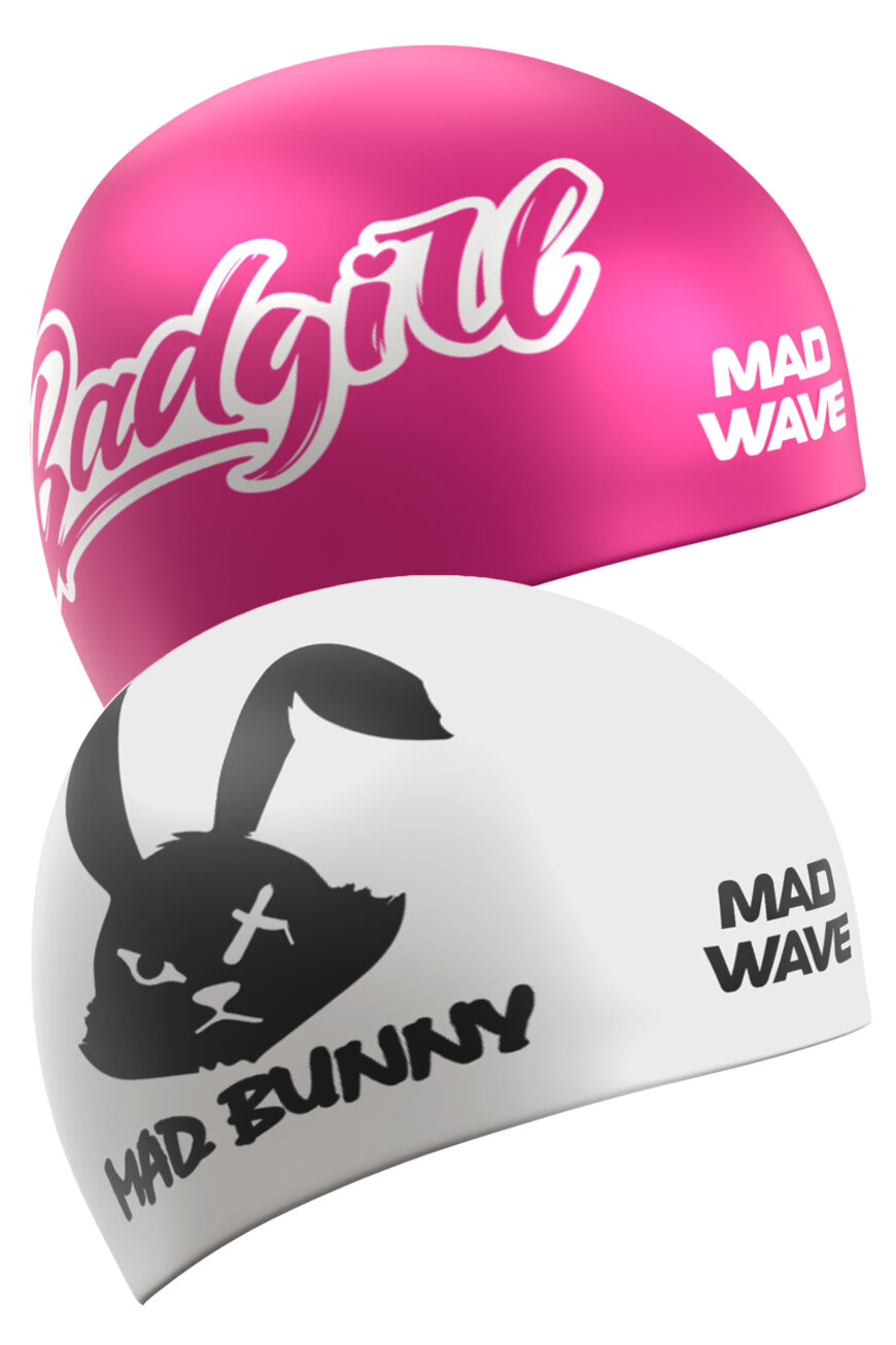 Силиконовая двухсторонняя шапочка MAD WAVE Reverse Bad girl, универсальная, цвет белый/розовый с рисунком