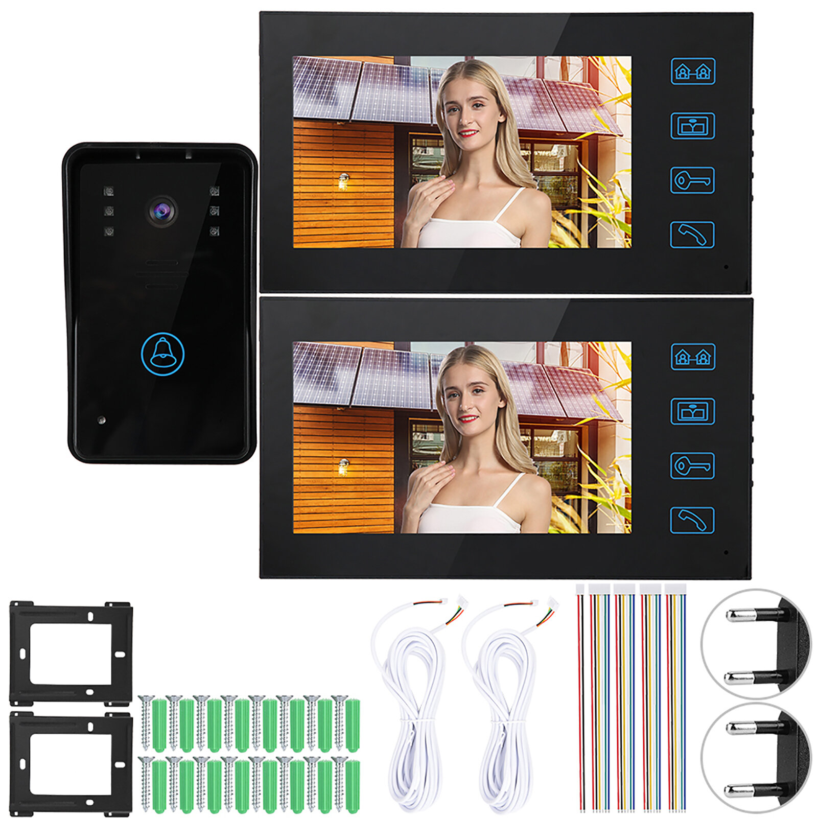 7-дюймовый видеодомофон, 2 монитора, сенсорный дверной телефон, система ночного видения и дверного звонка.