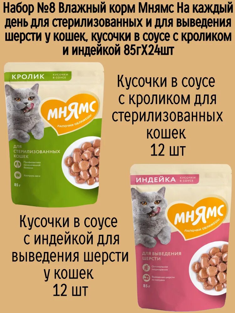 Набор №8 Влажный корм Мнямс для стерилизованных кошек, кусочки в соусе с кроликом и индейкой, 24 шт х 85 гр