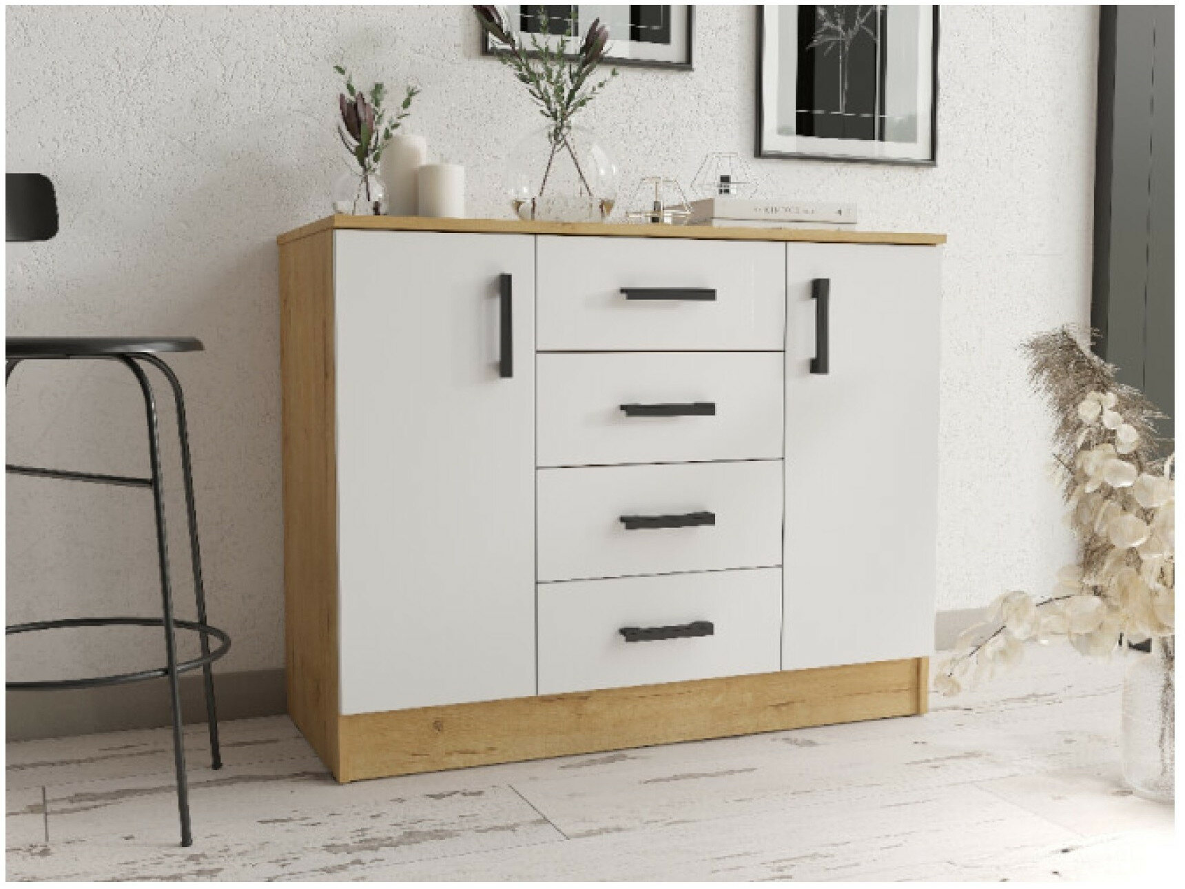 Комод с 4-мя ящиками и 2-мя дверьми, современный, Вотан/Белый гладкий