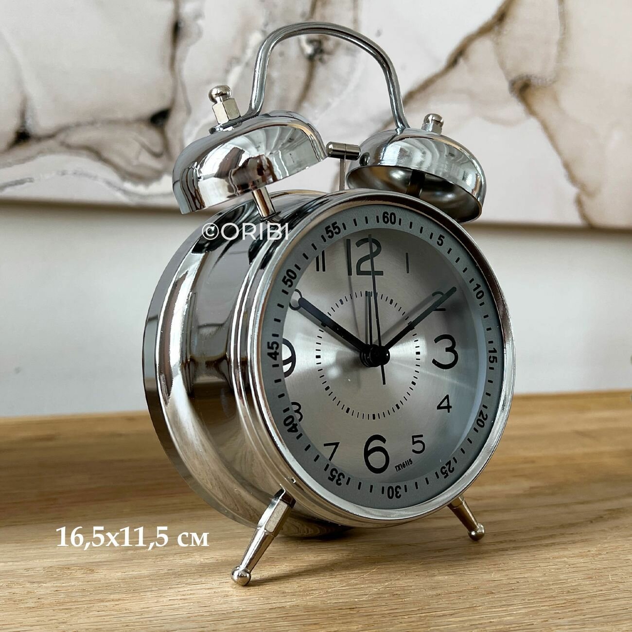 ORIBI Настольный будильник в ретро стиле с колокольчиками и подсветкой, металлический корпус, громкий сигнал, кварцевый механизм, серебристый цвет с серым циферблатом