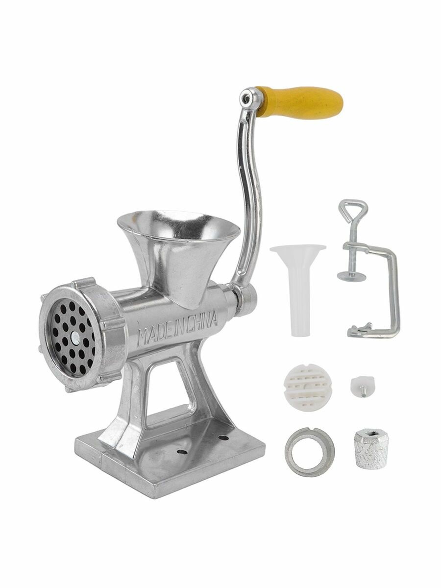 Маленькая ручная мясорубка с ручкой для домашней кухни, простота в эксплуатации, серебристая отделка, идеально подходит для ресторанов, мясных магазинов и измельчения мяса.