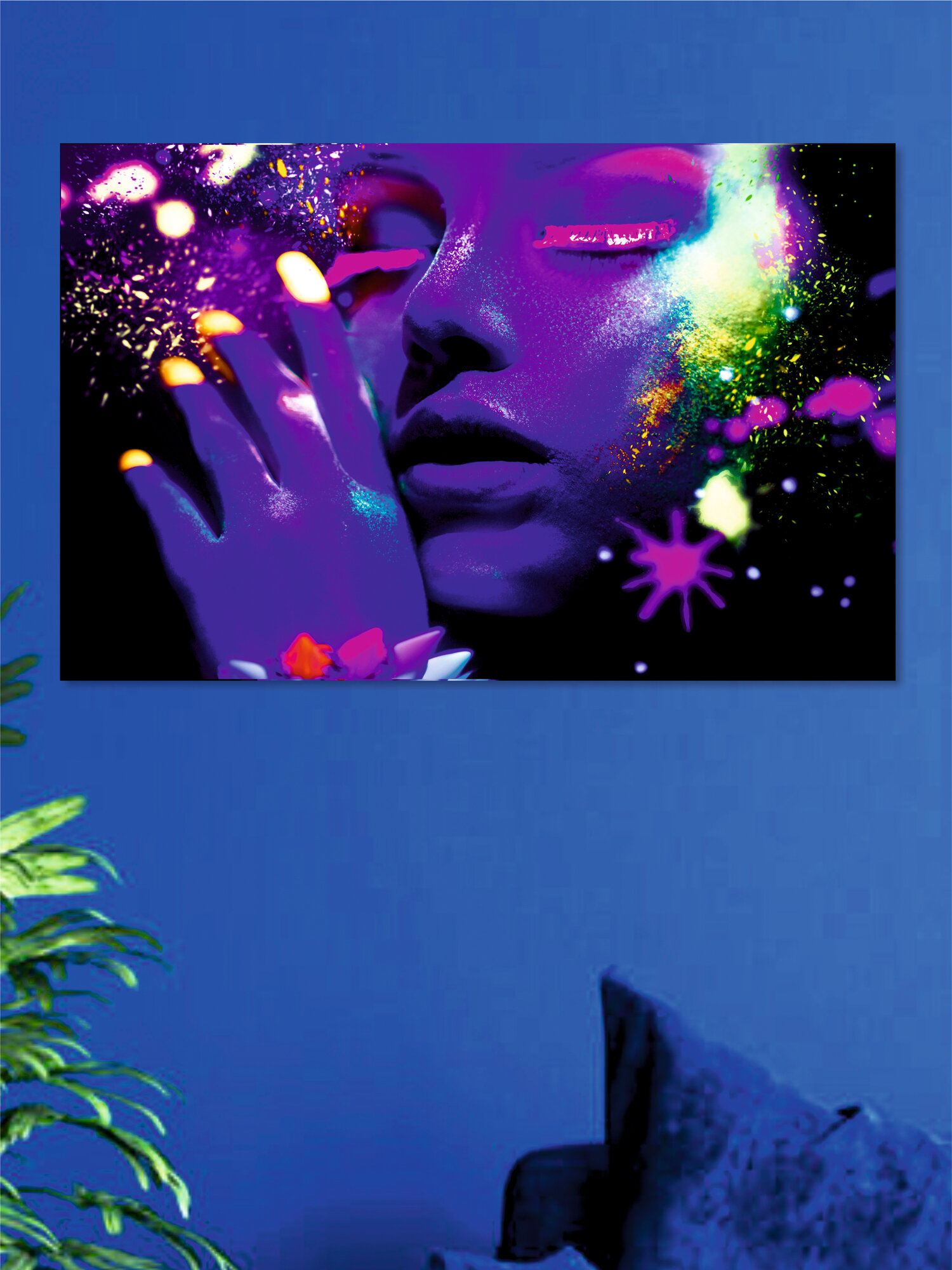 Картина на стену горизонтальная для интерьера, Портрет в неоновом цвете , 45х70 см Art IrbisPrint холст на подрамнике.