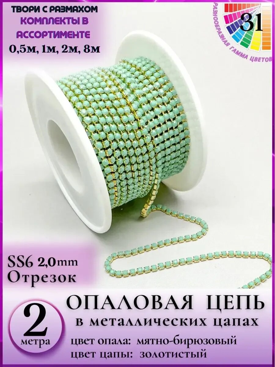 0284 Цепочка лента из страз мятно-бирюзовая премиум 2м топ