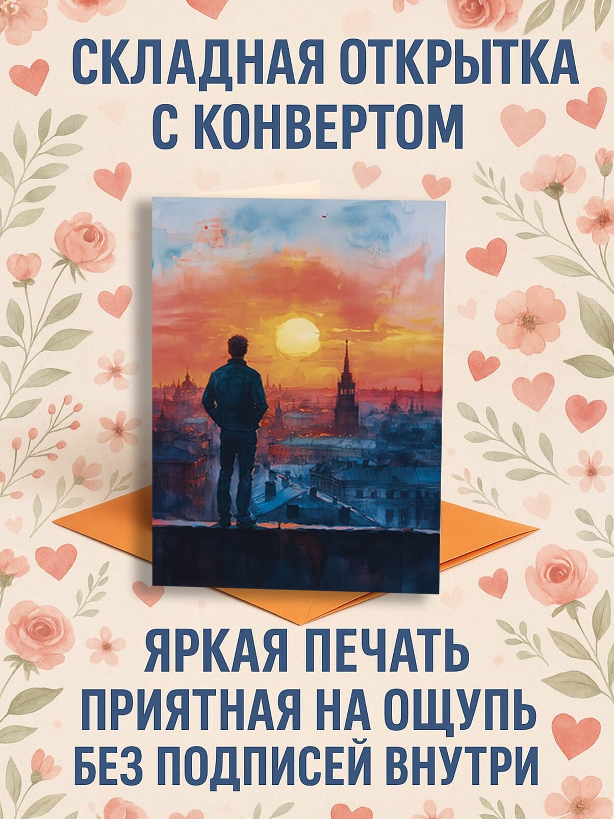 "Путешественник и закат над Петербургом", яркая мотивирующая открытка с крафтовым конвертом, дизайнерская бумага, 10x15 см, складная подарочная без надписей, для туристов и альпинистов
