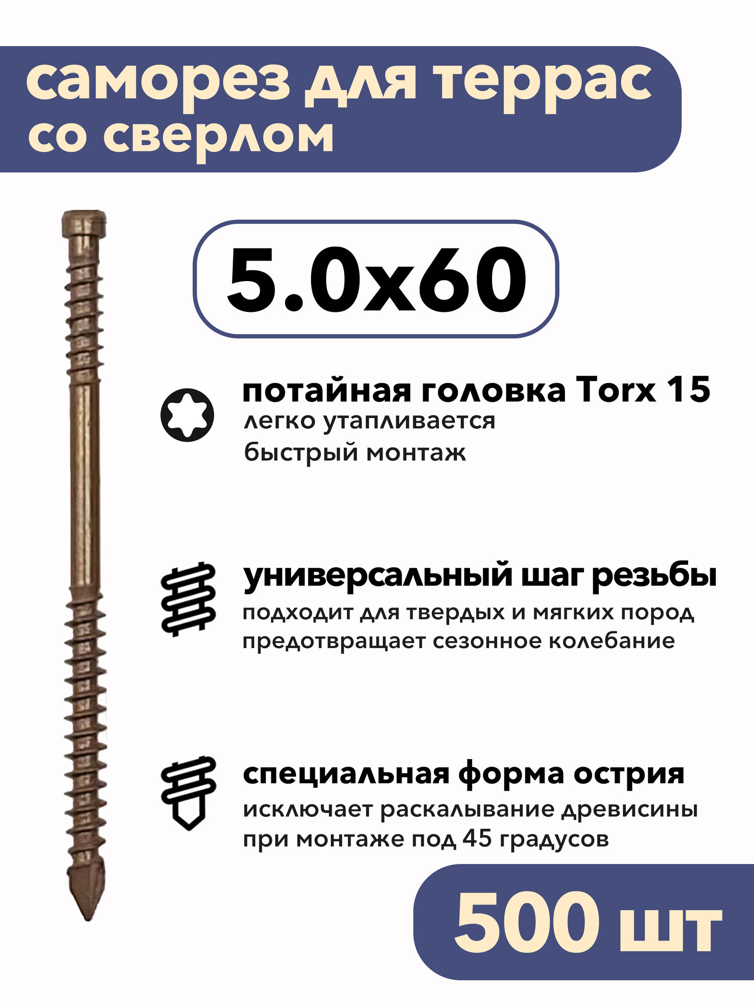 Саморезы по дереву для Террасной доски 5.0х60 упаковка 500 штук потайной Сверловой Torx 15