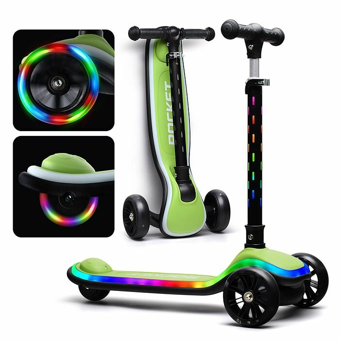 Самокат детский Oubaoloon трёхколёсный, светящиеся колеса PU, цвет черно-зеленый