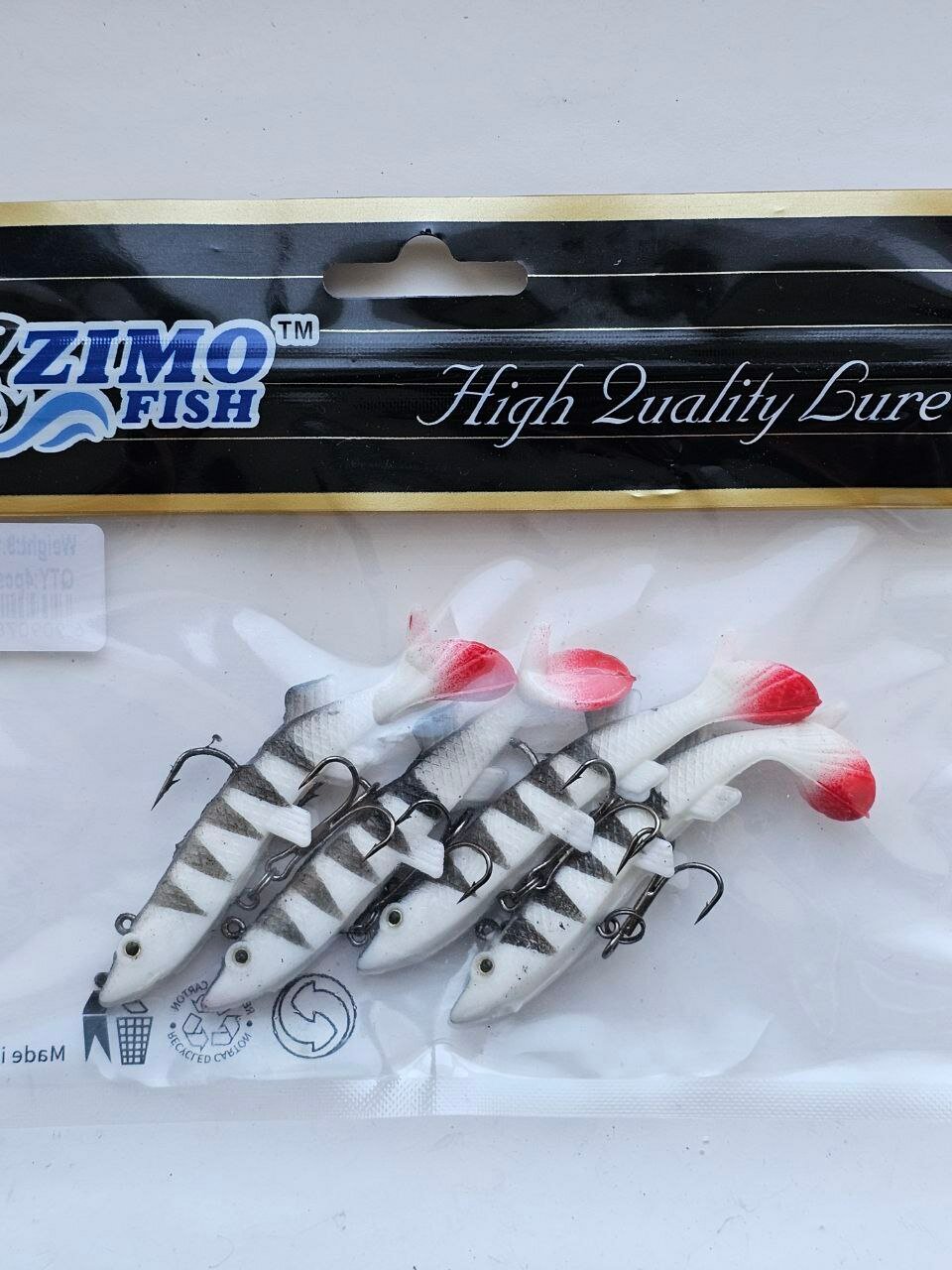 Набор из 4 силиконовых приманок для рыбалки (виброхвост) 9г белый в серую полоску окунь