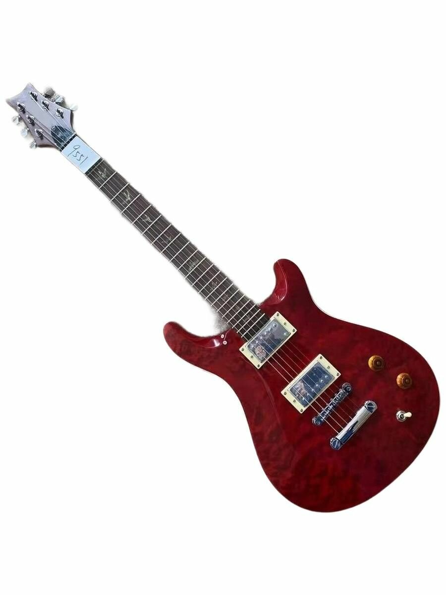 Китайская электрогитара PRS (клён волнистый), вишнёво-красная: два хамбакера, 22 лада, инкрустация птички, мелкие дефекты