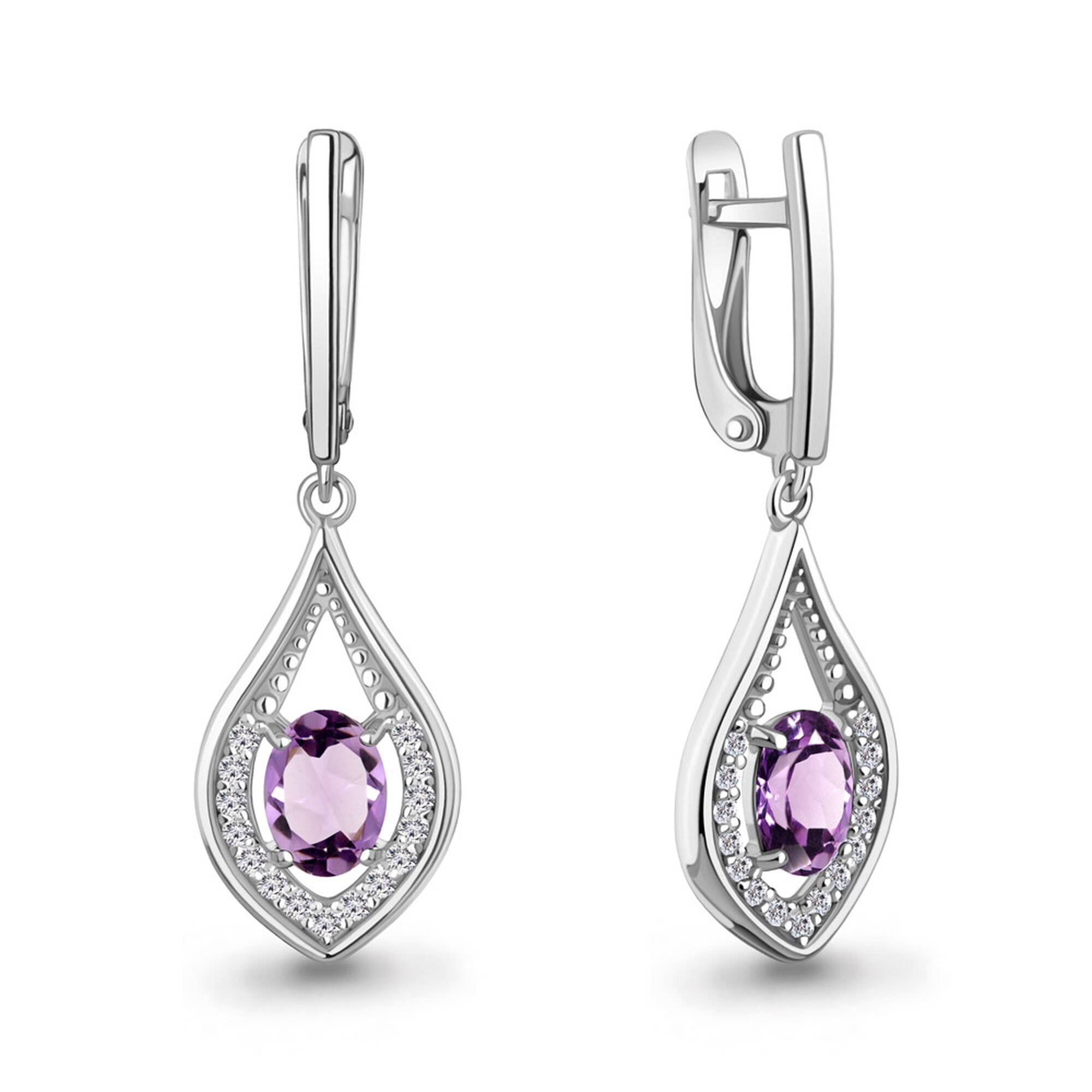 Серьги, серебро, 925 проба, родирование, фианит, аметист