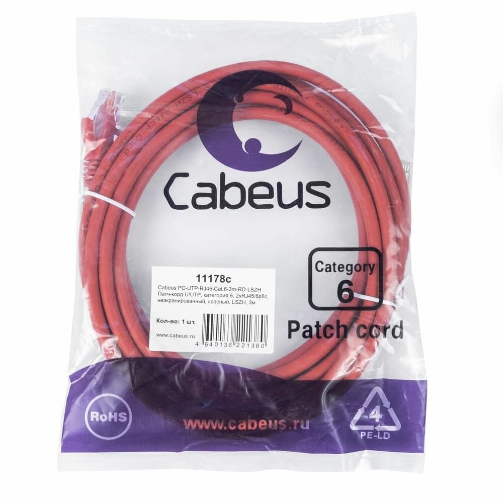 Патч-корд Cabeus PC-UTP-RJ45-Cat.6-3m-RD-LSZH, красный, 3м