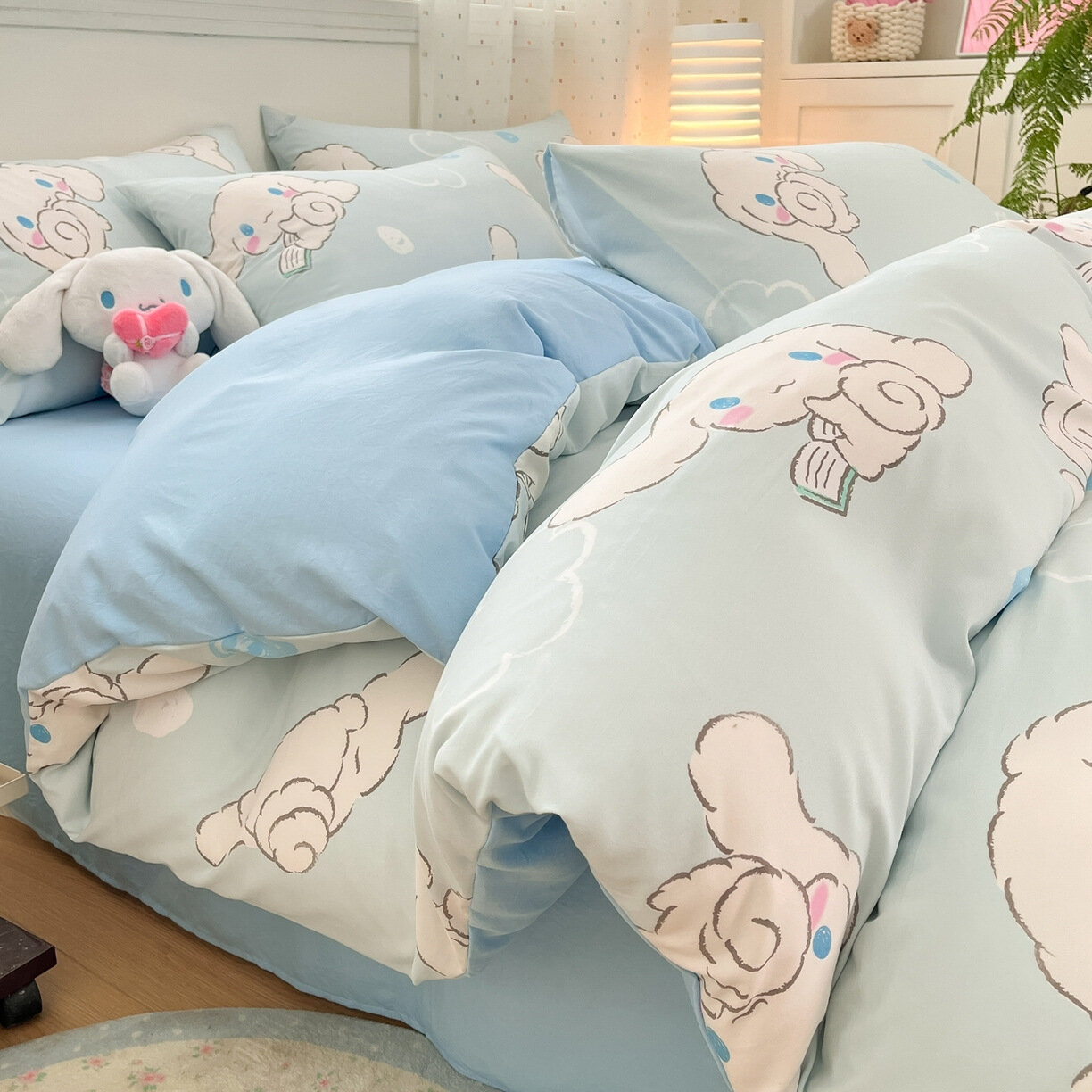 Комплект постельного белья из микрофибры, Cinnamoroll, читает книгу, 180x220cm, синий