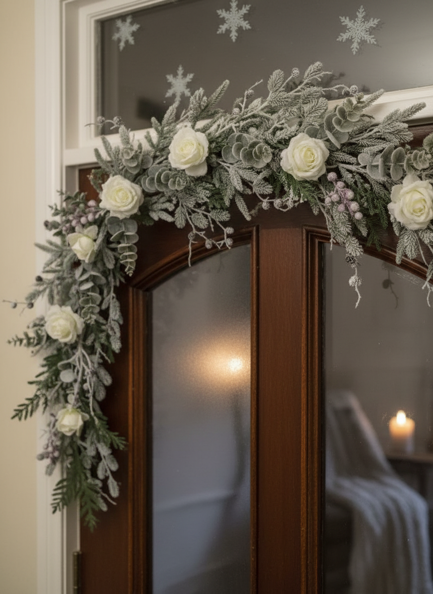 Рождественская хвойная гирлянда, заснеженная с белыми розами, длина 185 см