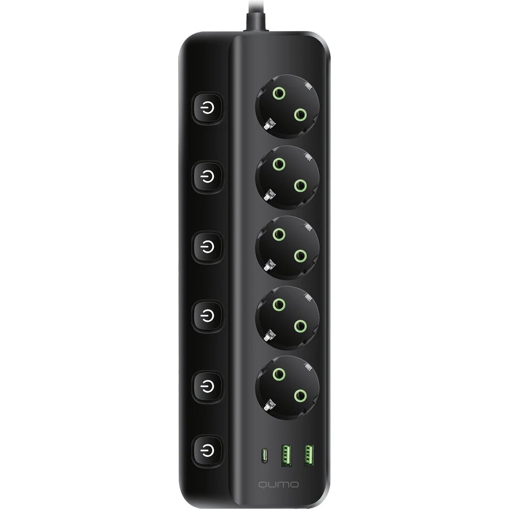 Сетевой фильтр QUMO Power Bar SPFSU с предохранителем, тремя USB‑портами (Type‑C), выключатели розеток, заземление