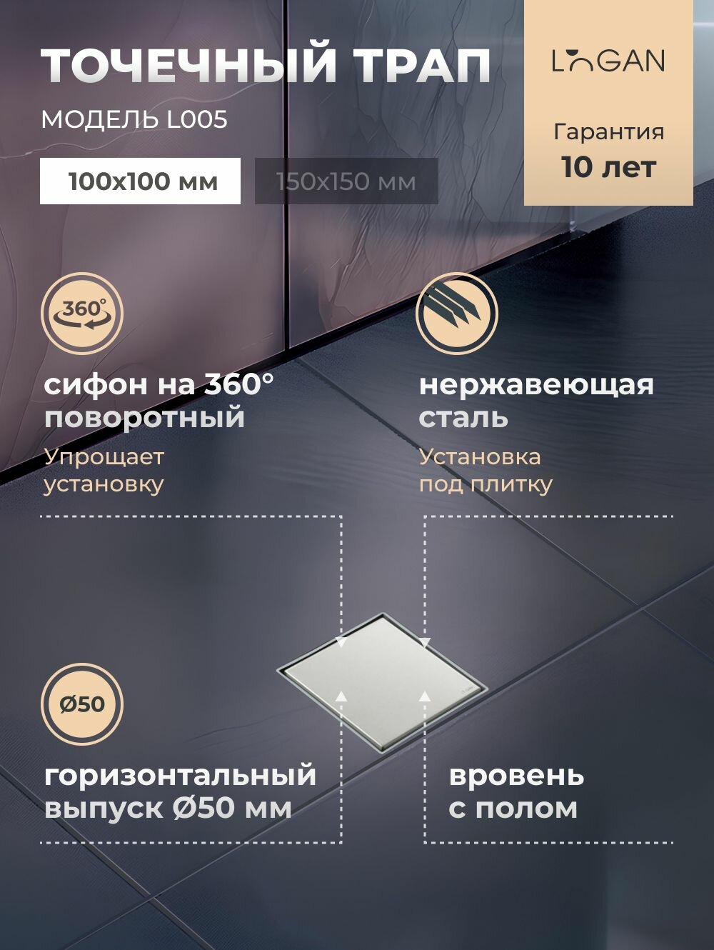 Трап для душа точечный Logan L005-100, 10х10 см, пластиковый, квадратный, сухой