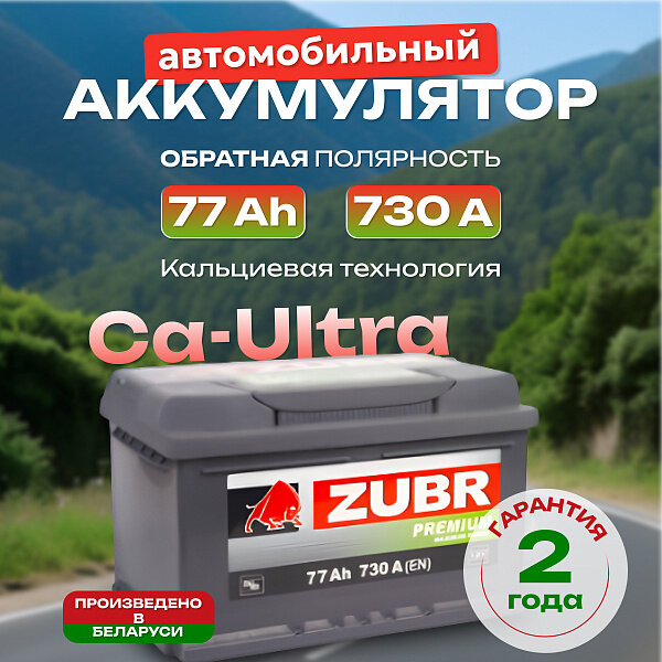 Аккумулятор автомобильный Zubr Premium 6СТ-77 обр. (низкий) 278x175x175