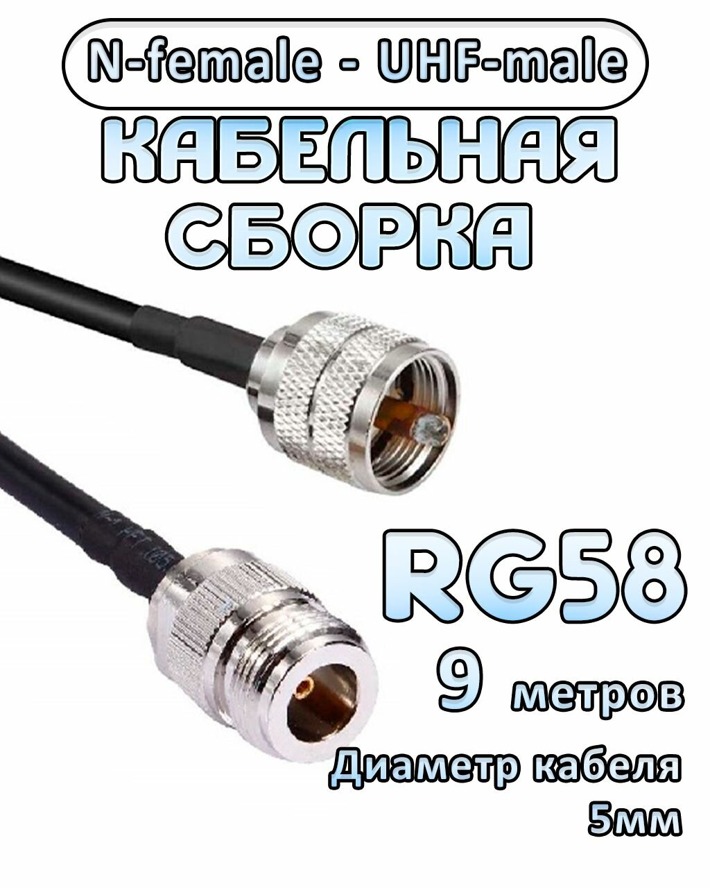 Кабельная сборка 50 Ом на RG-58 с разъемами UHF-male - N-female, 9 метров