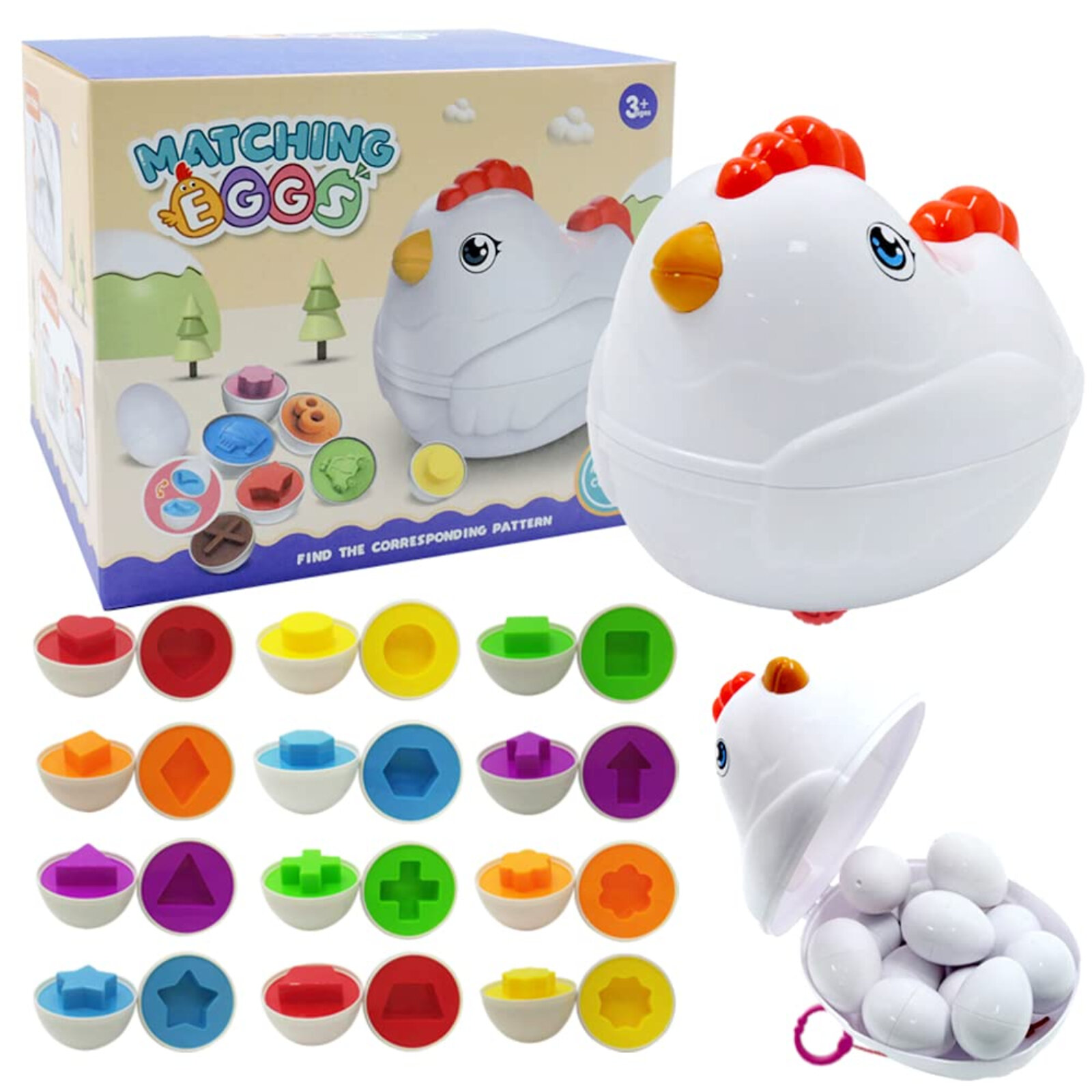 Игрушка для Пасхи "Совпадающие яйца" с коробкой-курицей для толкания и таяния, 12 штук, Монтессори сортер, обучающая игрушка, разные формы и цвета, развитие мелкой моторики, сенсорная игрушка, подарок для мальчиков и девочек