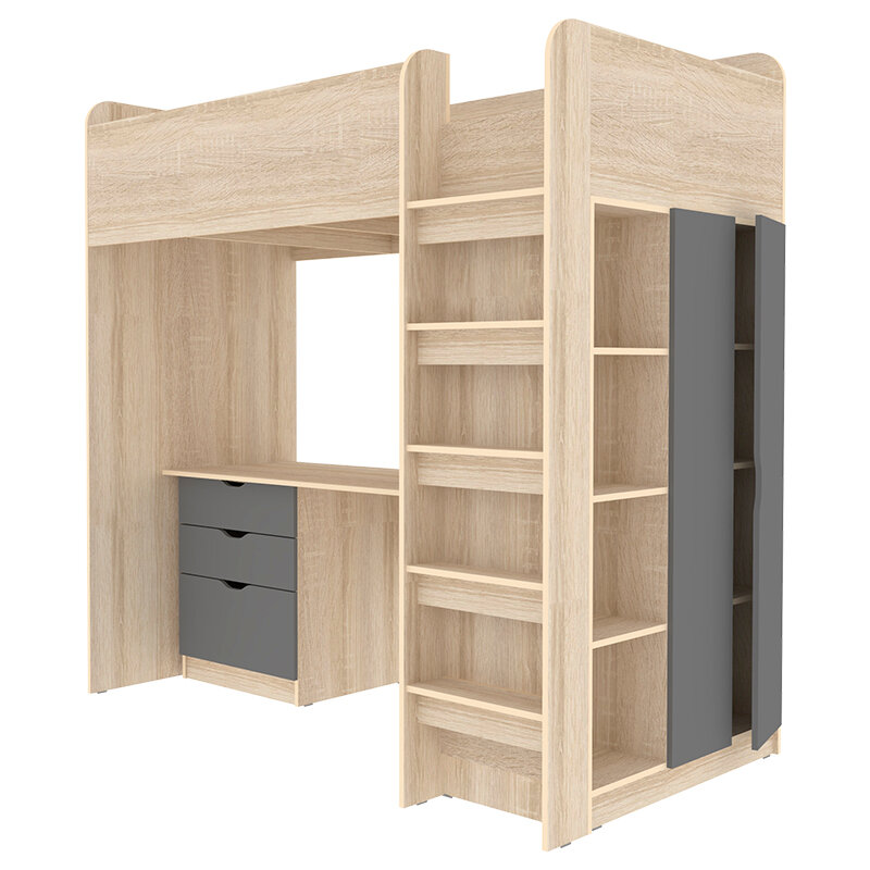 Кровать-чердак Polini Simple с письменным столом и шкафом Дуб Сонома Темно-серый
