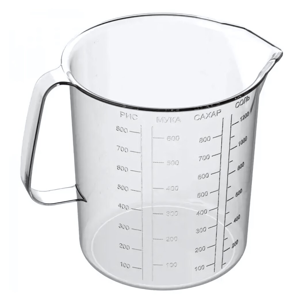Мерная кружка 1л прозрачная, пластик, шкала мука/сахар/сок, эргономичная ручка