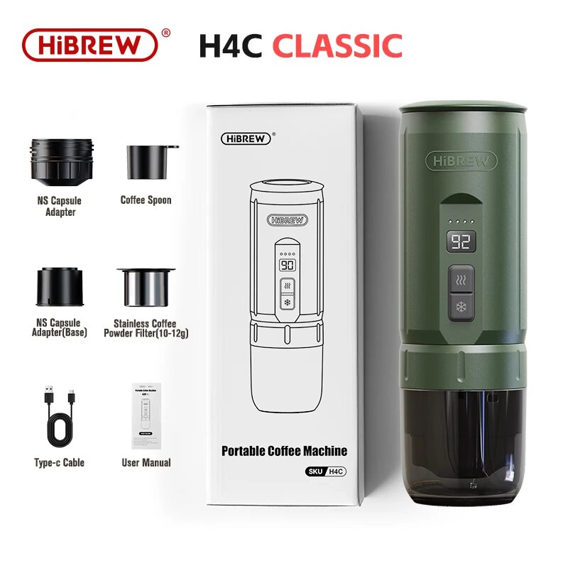 HiBREW H4C Портативная Эспрессо-Кофемашина 3в1 Путешественная Кофемашина 7500mAh Литий-Батарея Самонагрев Ns DG Капсула и Молотый Кофе