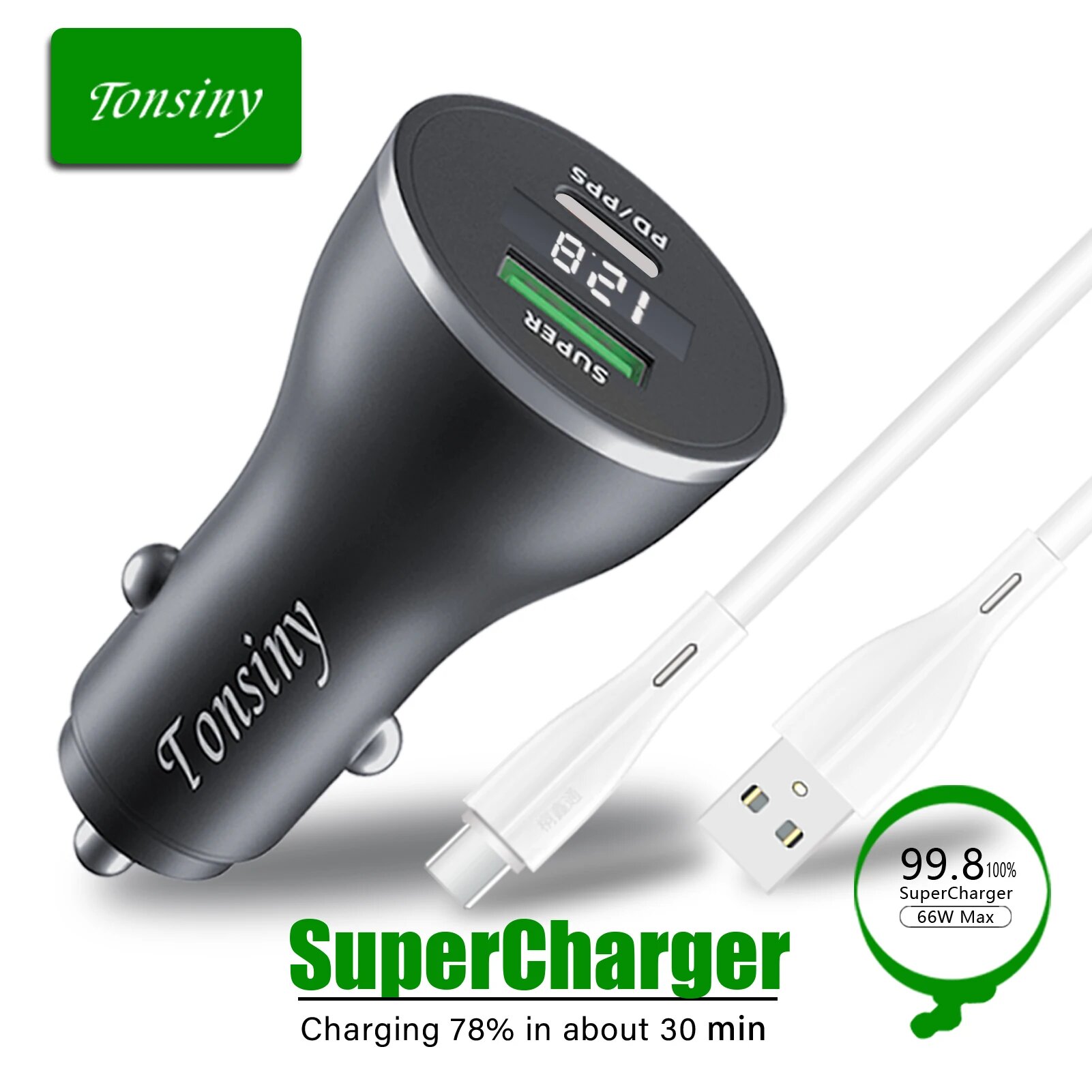 Автомобильное зарядное устройство Tonsiny 66W с кабелем 1м USB A to USB C