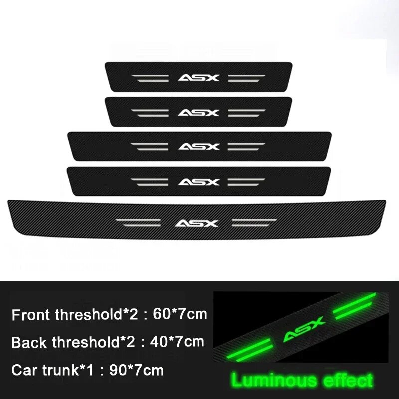 Наклейки на пороги Mitsubishi ASX, светящиеся, карбон, 5шт